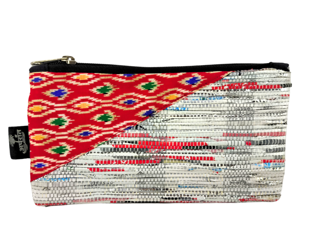 Hand Pouch Fancy White Red Corner - Aparant Upcycled